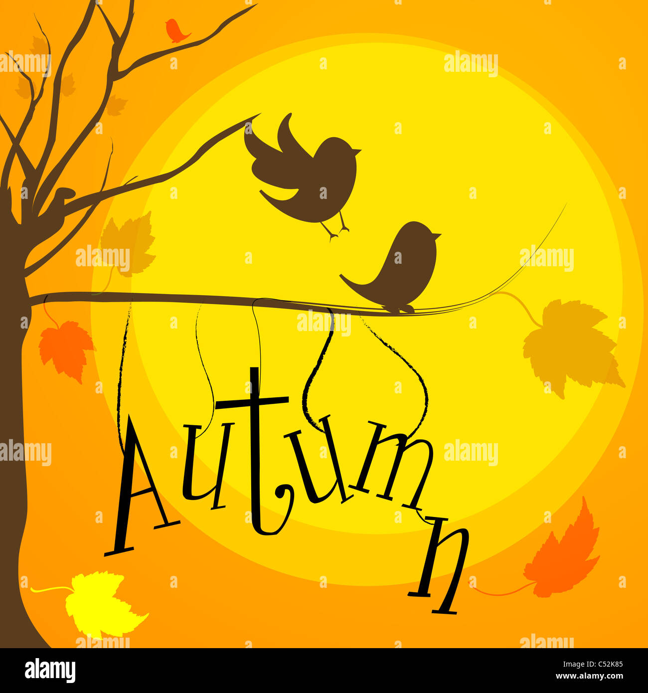 illustration of autumn with bird, tree and sun Stock Photo - Alamy