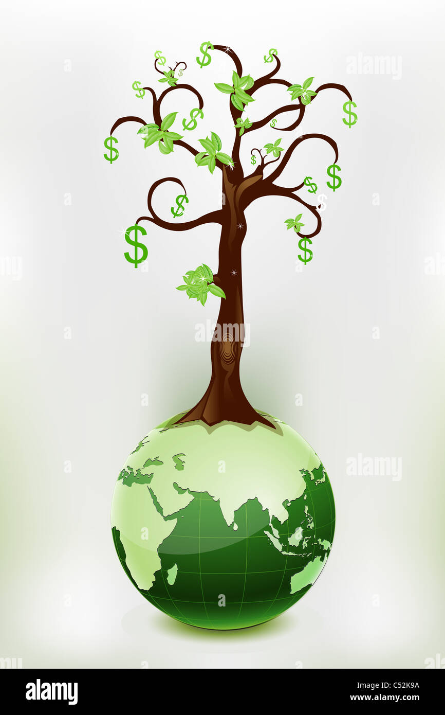 illustration of dollar with tree and globe Stock Photo - Alamy