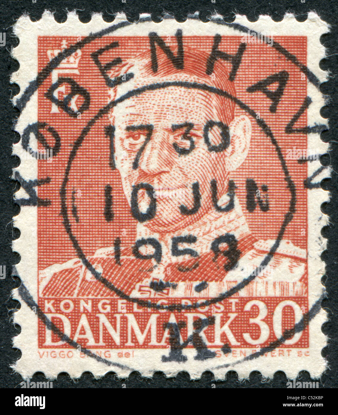 DENMARK 1950: A stamp printed in the Denmark, depicts King Frederick IX ...