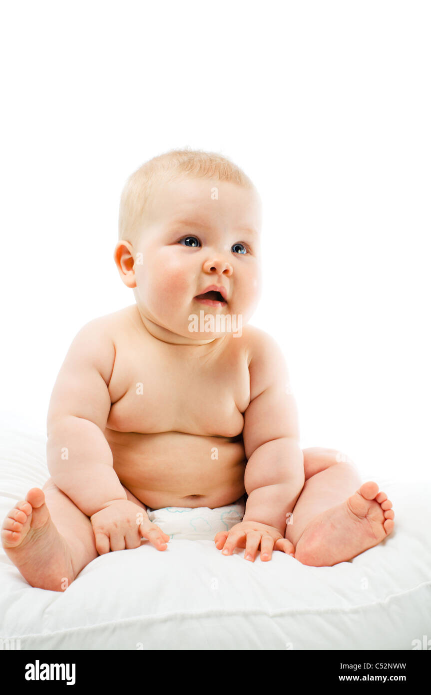 smiling baby sitting on the white background Stock Photo - Alamy