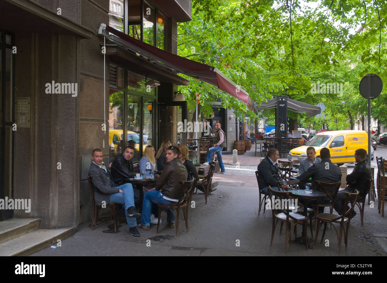 Cafe terrace Strahinjica Bana street Belgrade capital of Serbia Europe ...