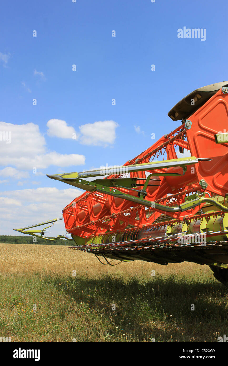 The front of a combine on a field of grain on a blue sky background ...