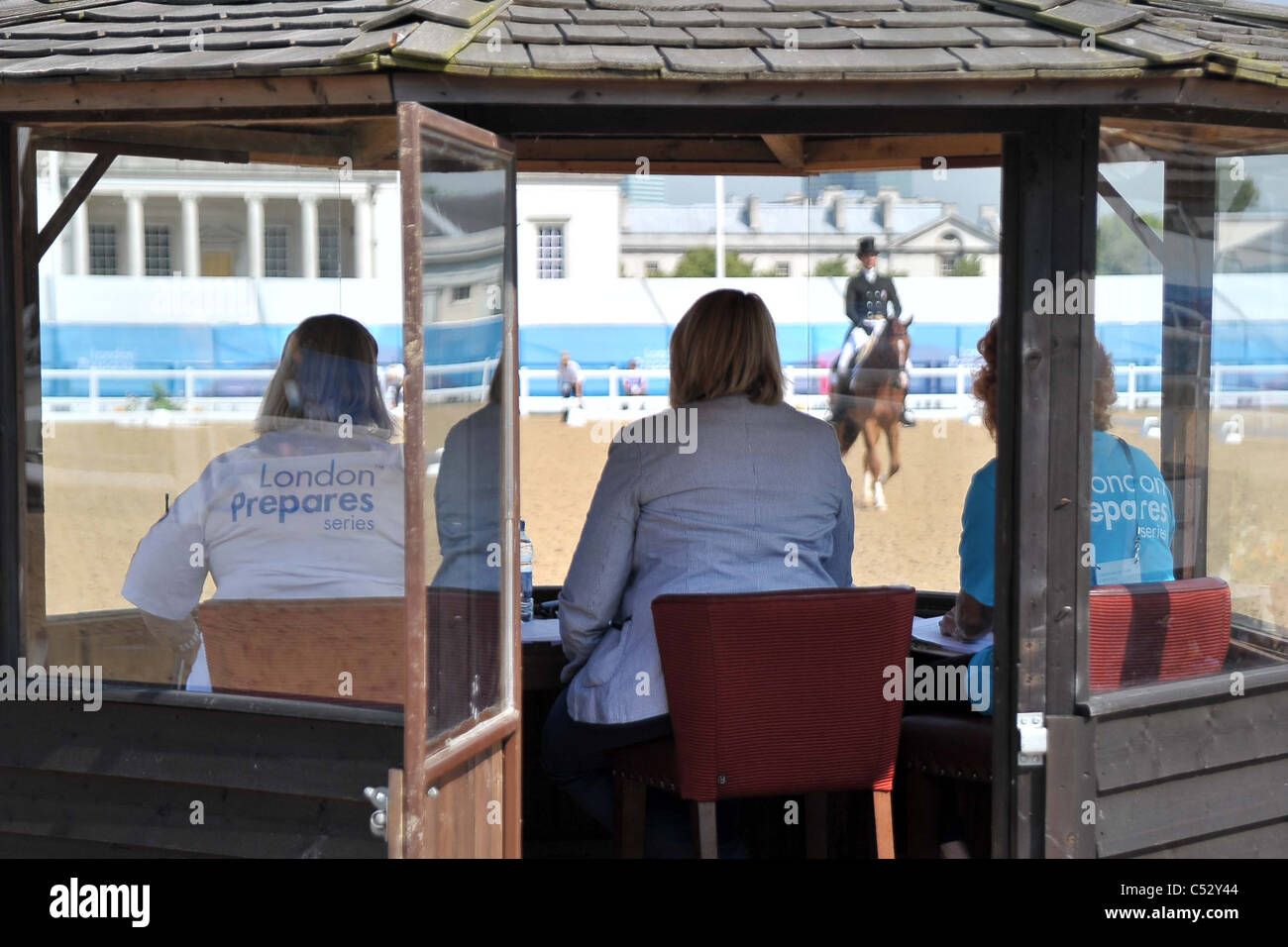 A rider goes past the judges box. Dressage. Greenwich Park Eventing ...