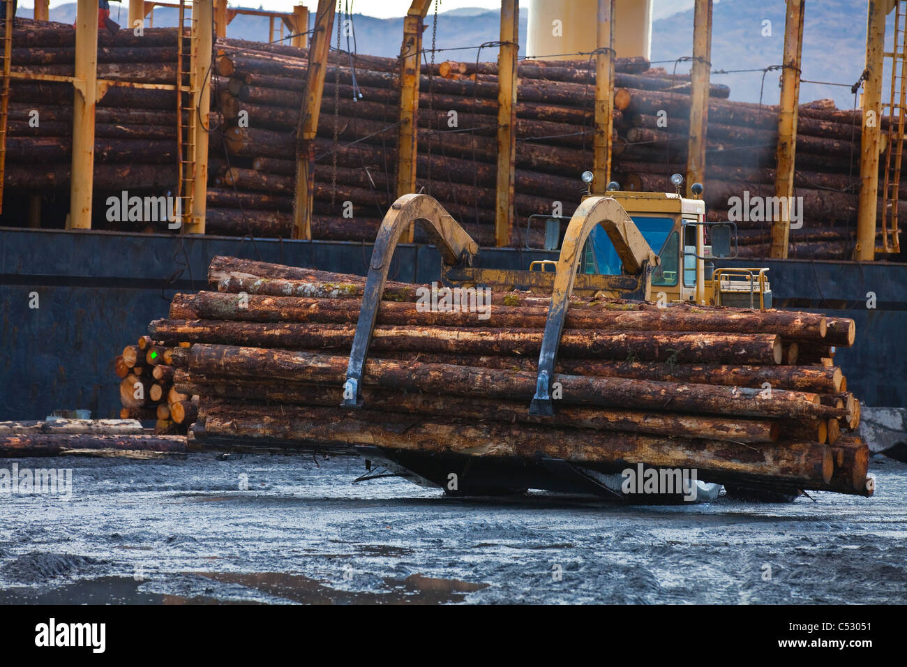 Log ship being loaded with Sitka Spruce from Chiniak and Sequel Point ...