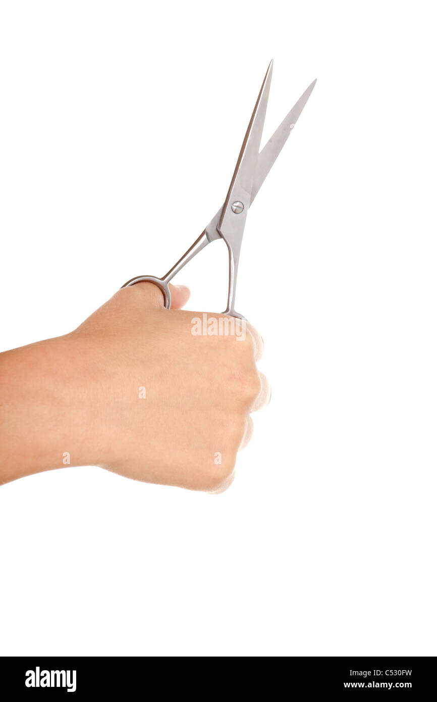 Scissors in hand isolated on white background Stock Photo - Alamy