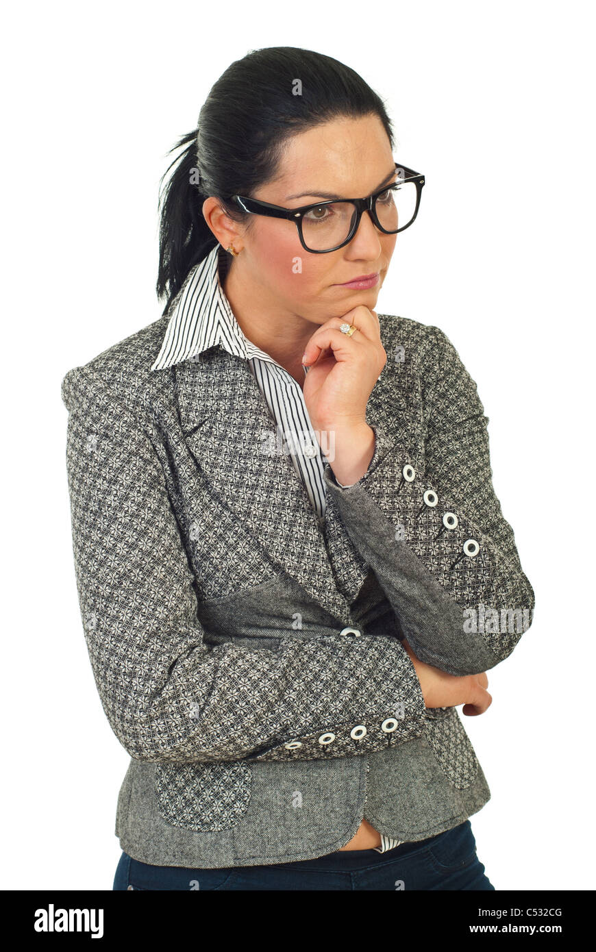 Thinking business woman with eyeglasses looking away and holding hand ...