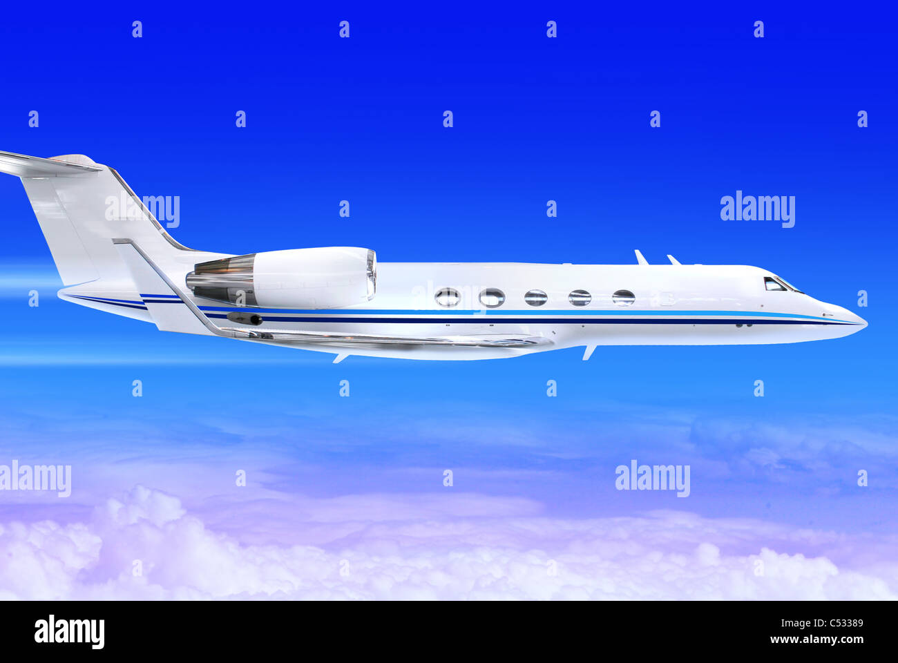 private white jet plane in the blue sky Stock Photo - Alamy