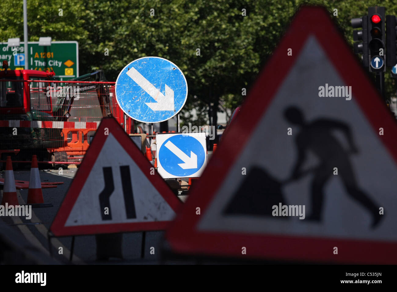 Roadworks signs in roadworks in London, England Stock Photo - Alamy