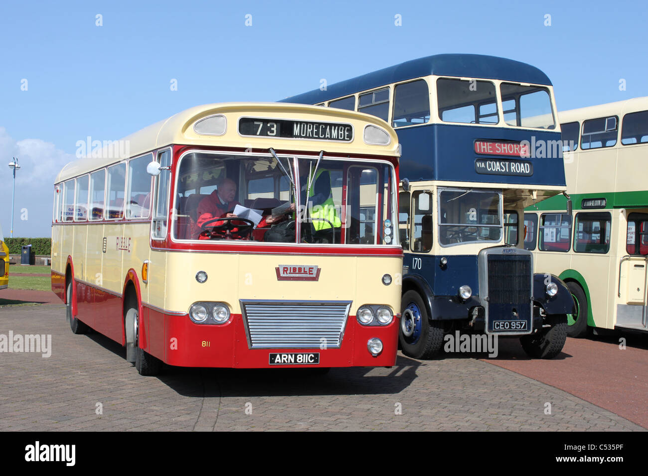 Vintage Leyland buses on display on Morecambe promenade on RVPT running ...