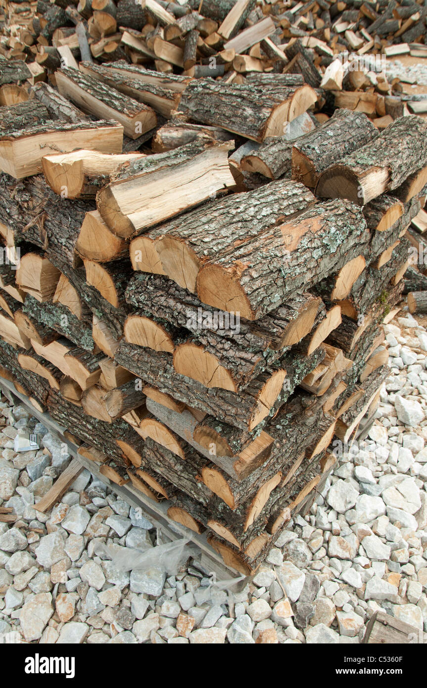 Stack of freshly cut trees on blue sku background Stock Photo - Alamy