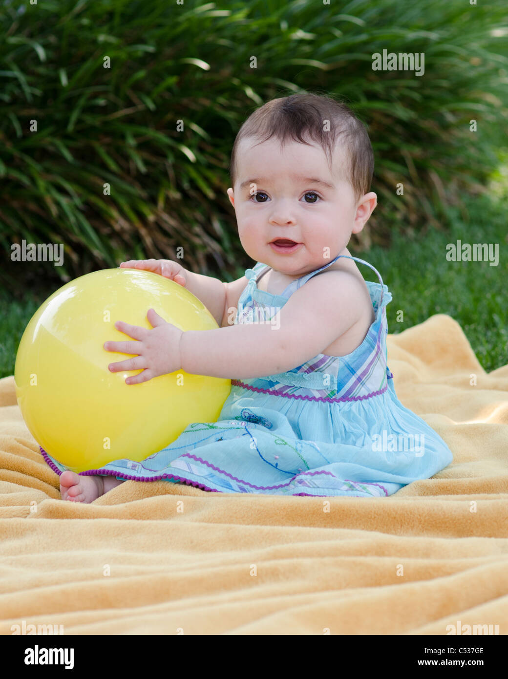 An eight month old Caucasian baby girl plays with a yellow ball ...