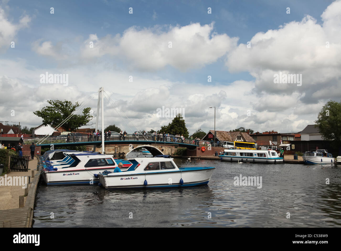 Wroxham Bridge from the River Bure, Norfolk Broads National Park, UK ...