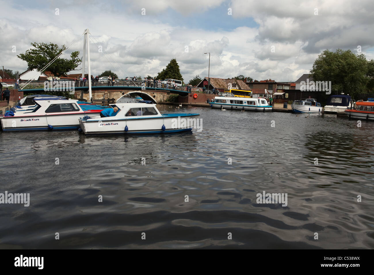 Wroxham Bridge from the River Bure, Norfolk Broads National Park, UK ...