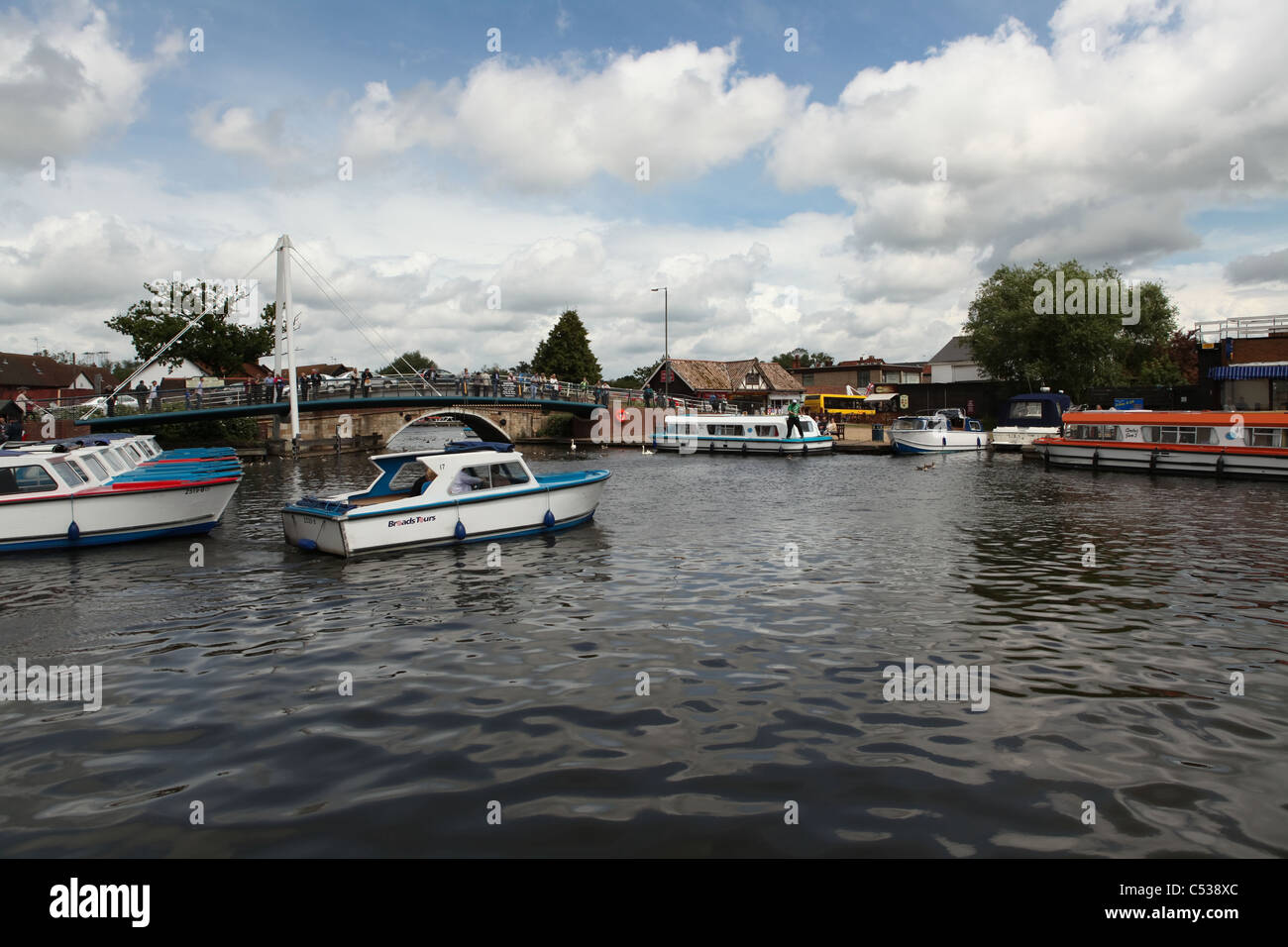 Wroxham Bridge from the River Bure, Norfolk Broads National Park, UK ...