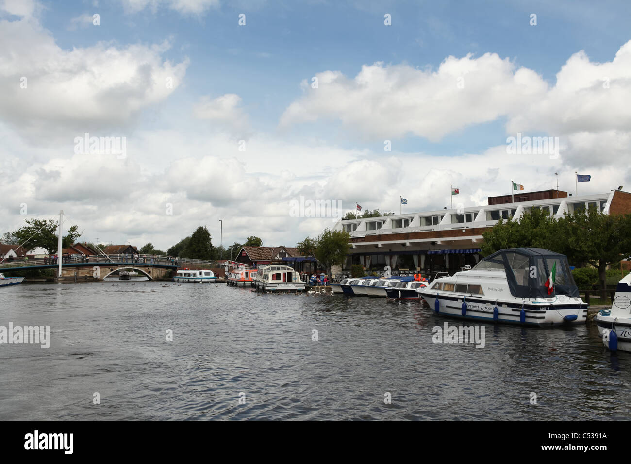 Wroxham Bridge from the River Bure, Norfolk Broads National Park, UK ...