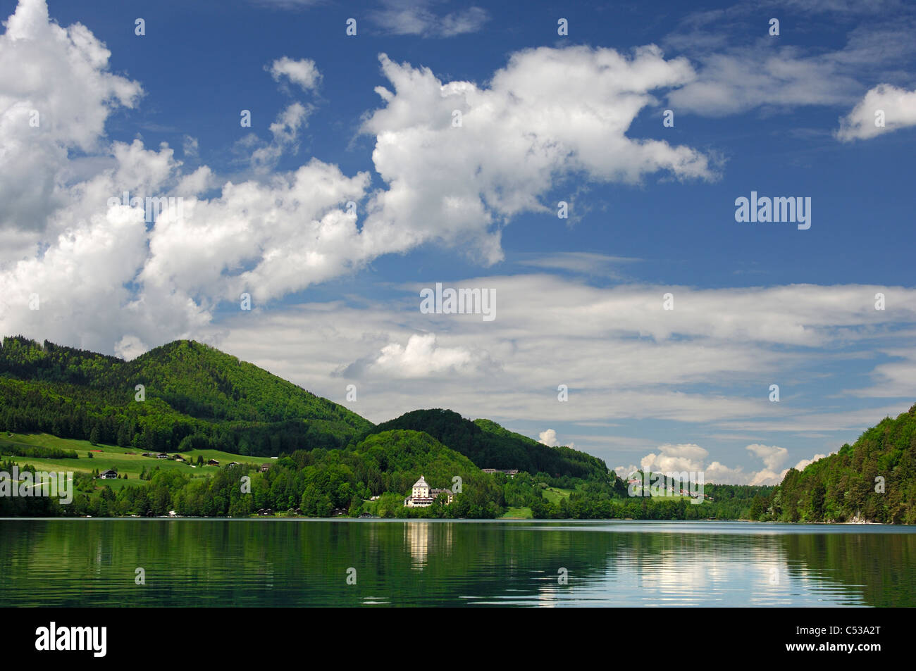 Lake Fuschlsee with the castle Fuschl in the Salzkammergut region near ...