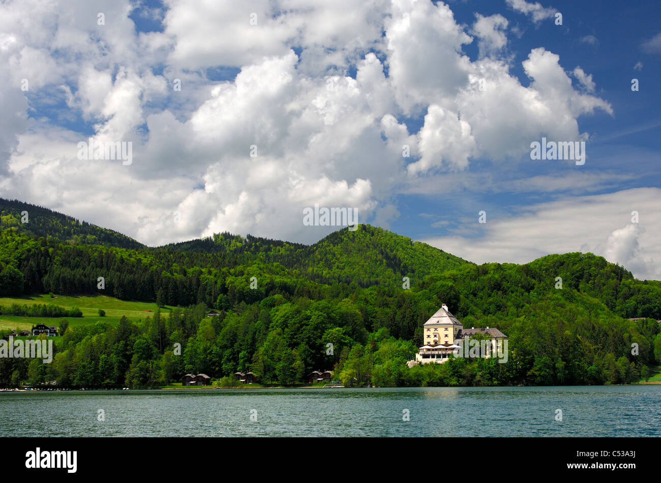 Castle Fuschel at Lake Fuschlsee in the Salzkammergut region near ...