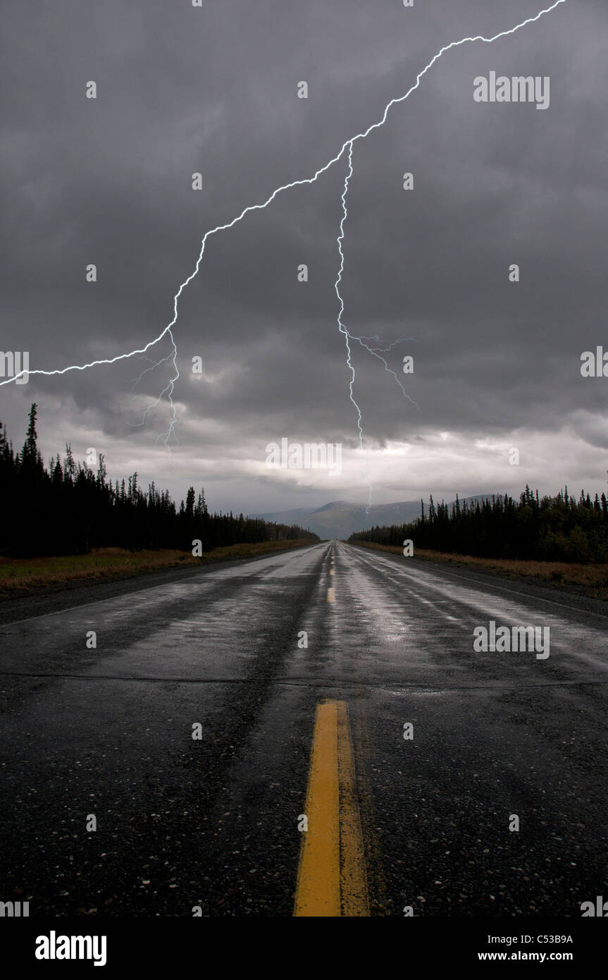 Lightning strike and storm over the Alcan Highway, Yukon Territory ...