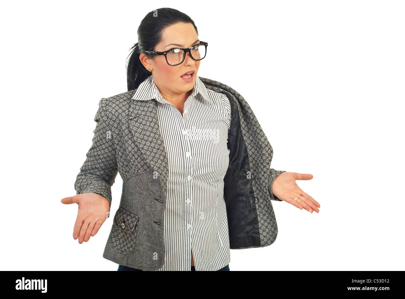 Overworked executive woman shrugging isolated on white background Stock ...