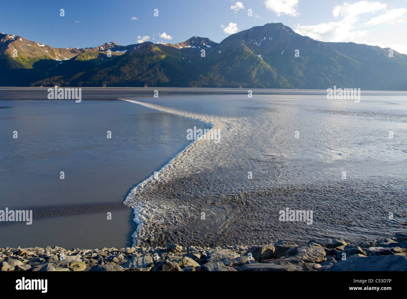 Scenic view of a bore tide on Turnagain Arm at Mile 94.1 of the Seward ...