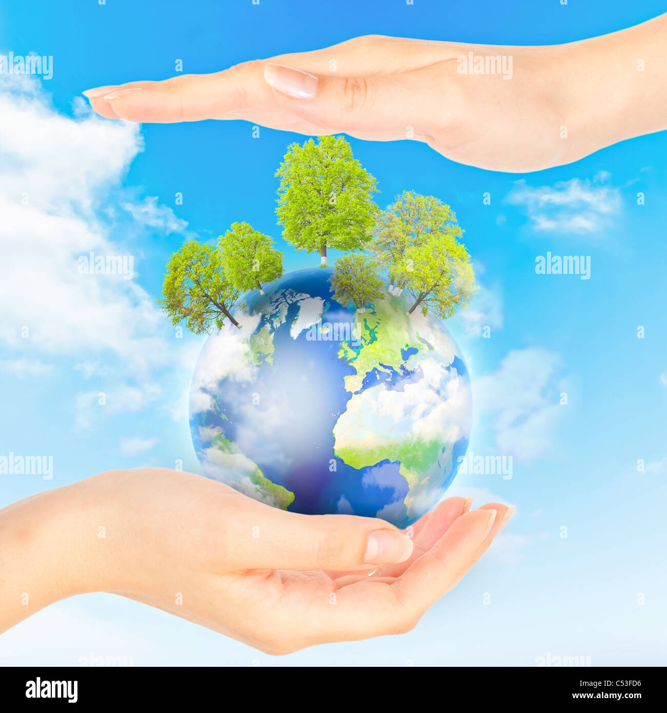 Hands and Earth. Concept Save green planet. Symbol of environmental ...