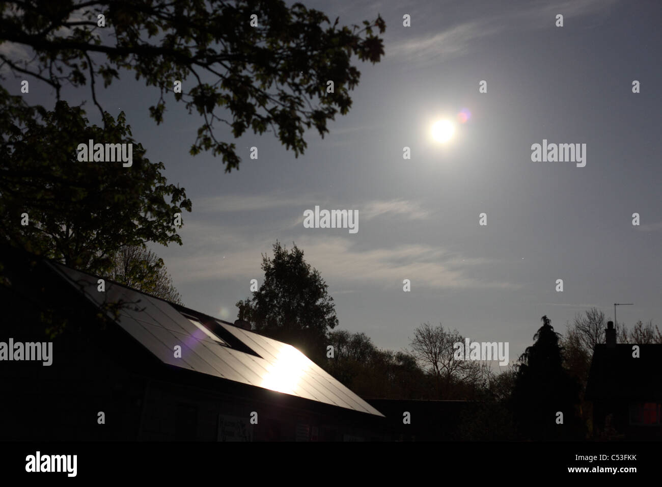 Full moon reflected in solar panels at night Stock Photo - Alamy