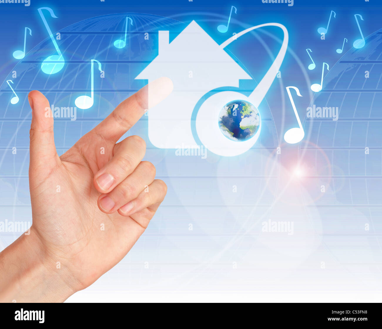 Hand pressing digital button HOME MUSIC and digital Musical Note on ...