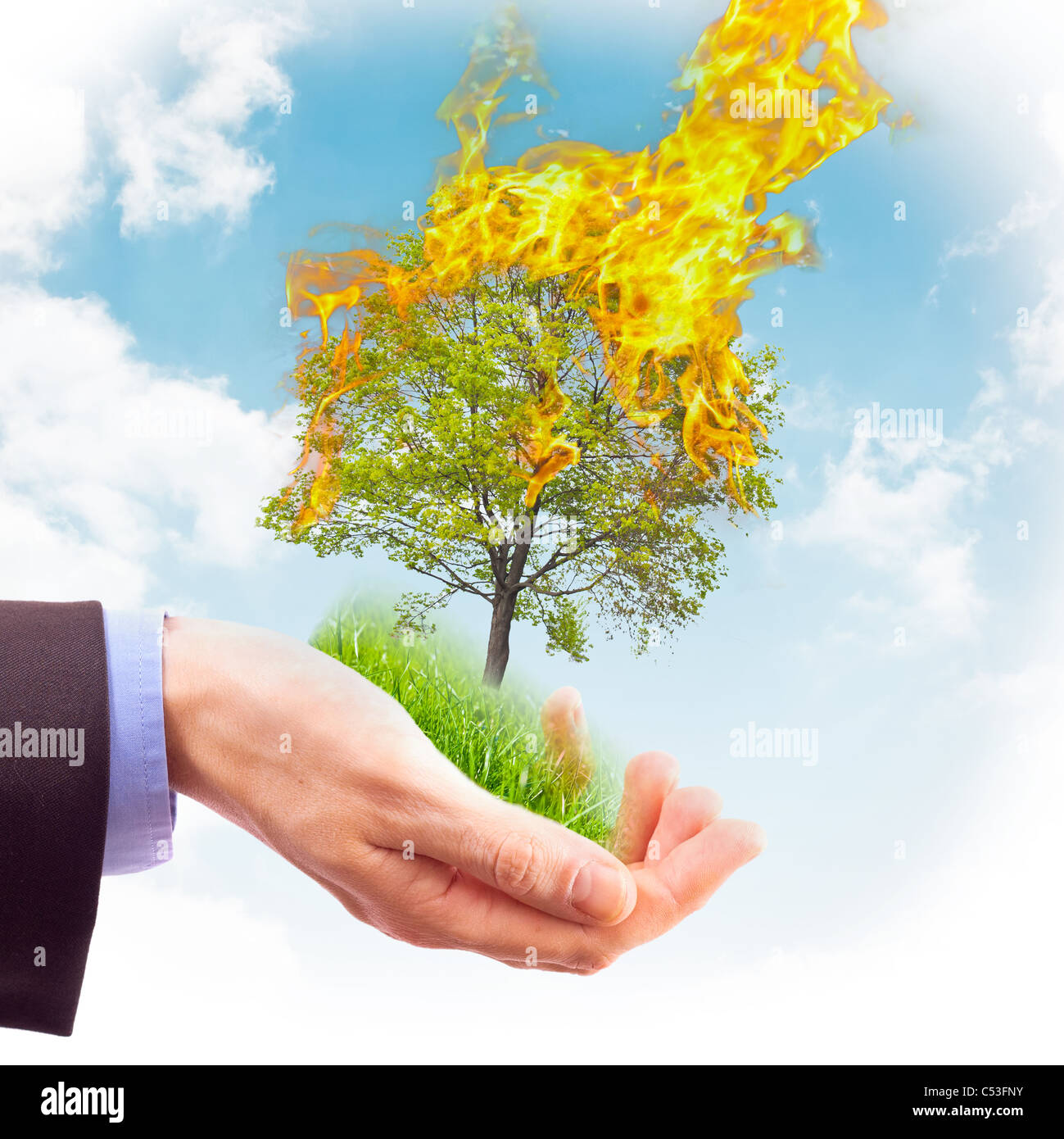 Human hand holding a piece of nature in flames. Concept of saving ...