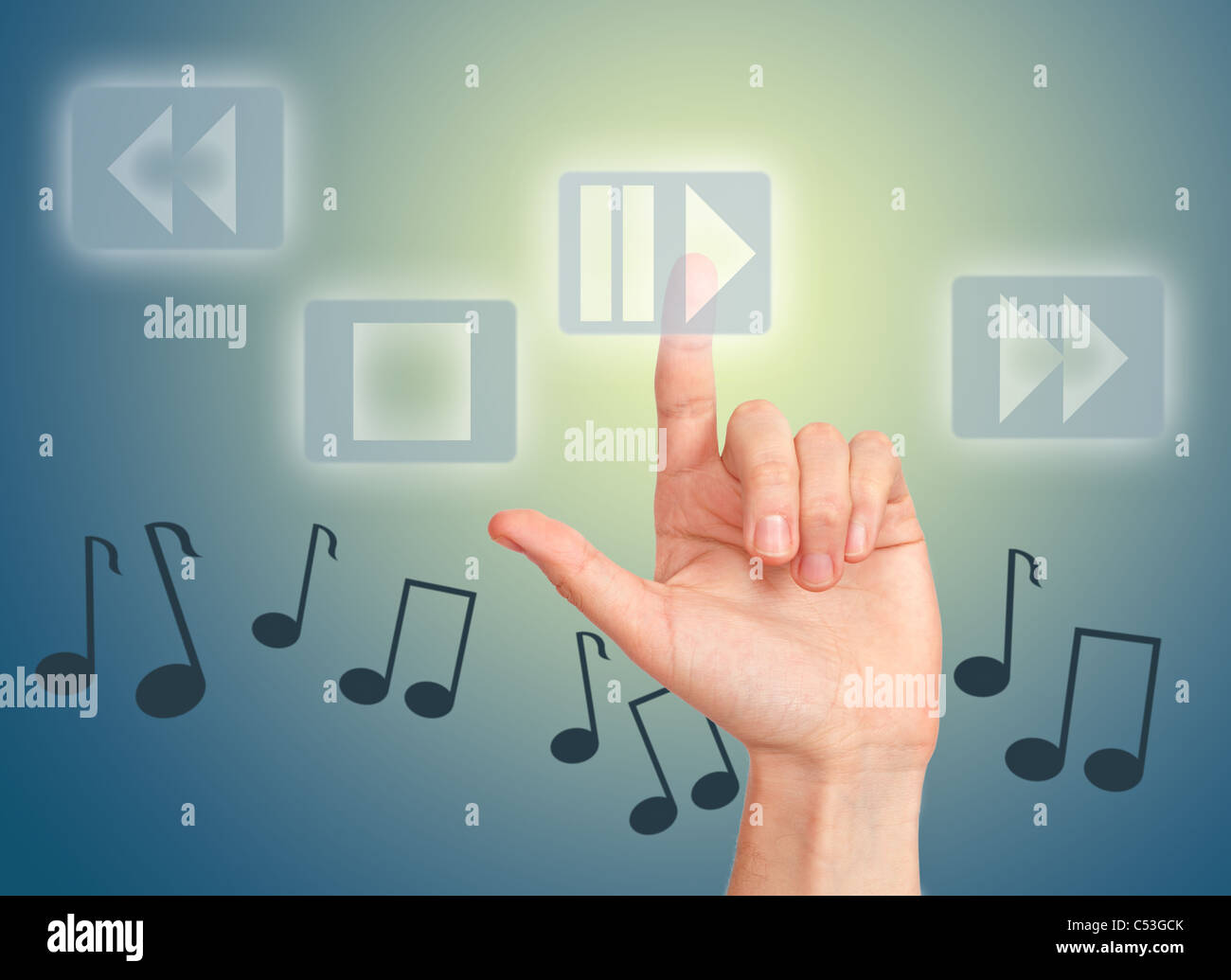 Hand pressing button play and musical notes Stock Photo - Alamy