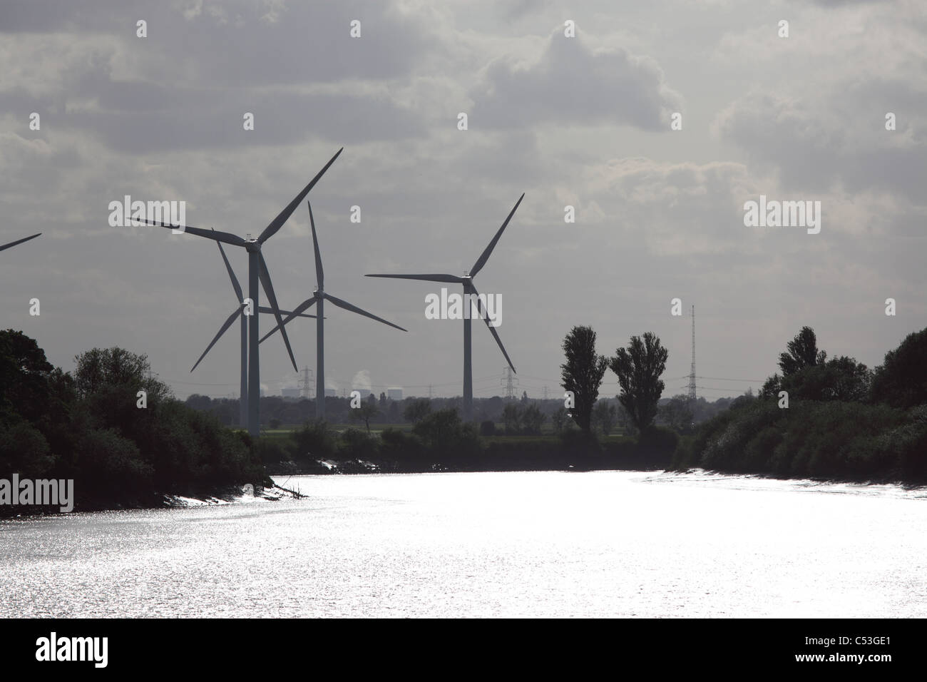 aire and calder wind farm seen from the river ouse Stock Photo - Alamy