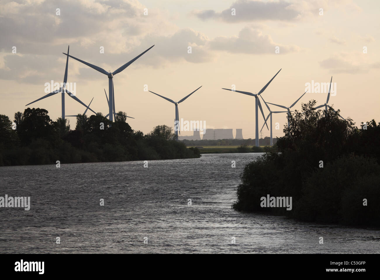 aire and calder wind farm seen from the river ouse Stock Photo - Alamy