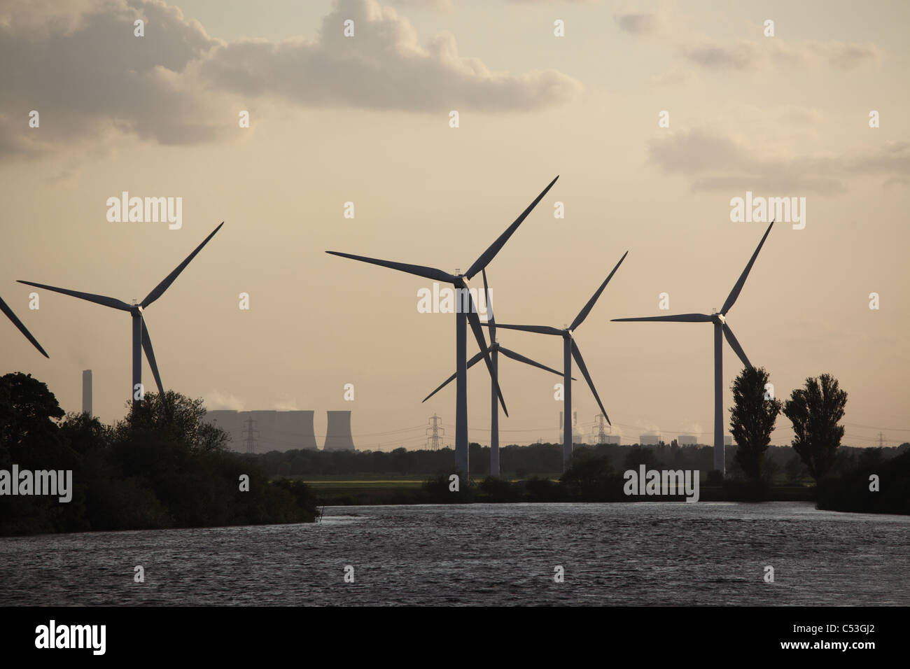 aire and calder wind farm seen from the river Stock Photo - Alamy