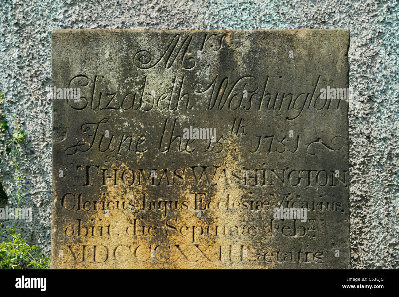 Detail of gravestone of Elizabeth and Thomas Washington. Church of ...