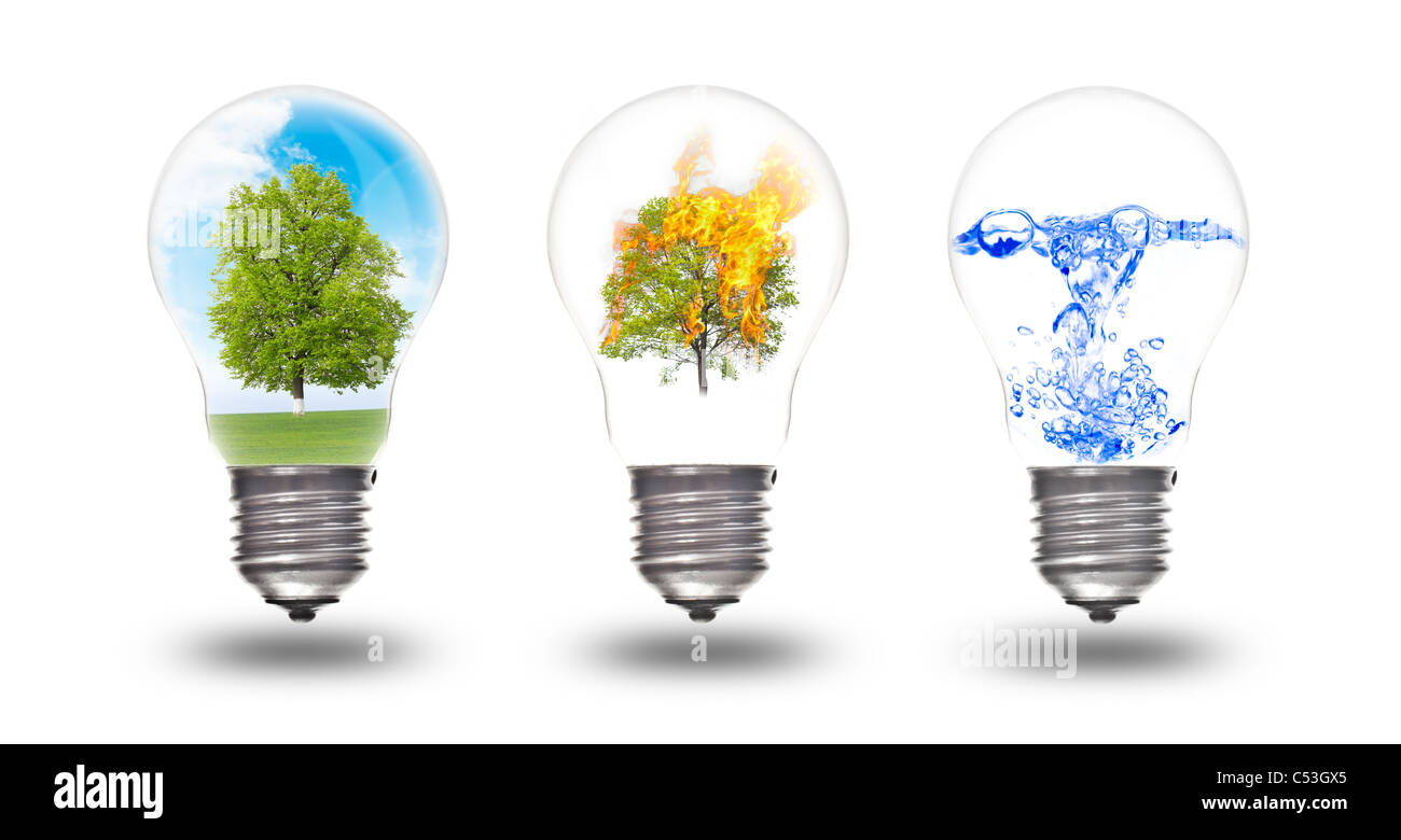 Light bulb with three elements inside: nature, fire and water. The ...