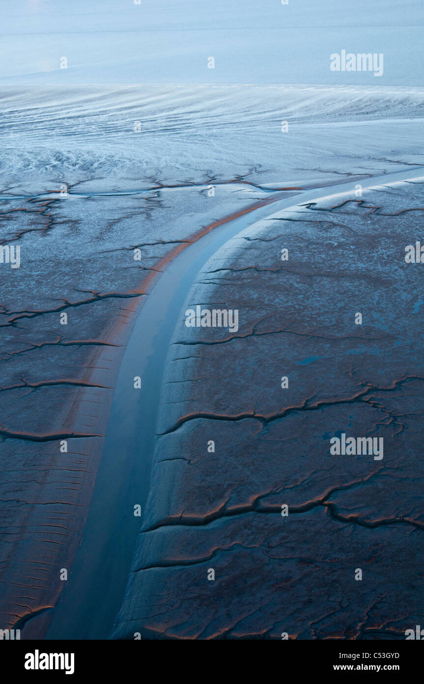 Aeral evening view of patterns in the mud flats of Cook Inlet near the ...