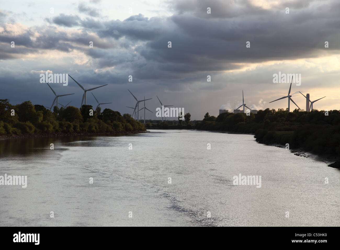 aire and calder wind farm seen from the river Stock Photo - Alamy
