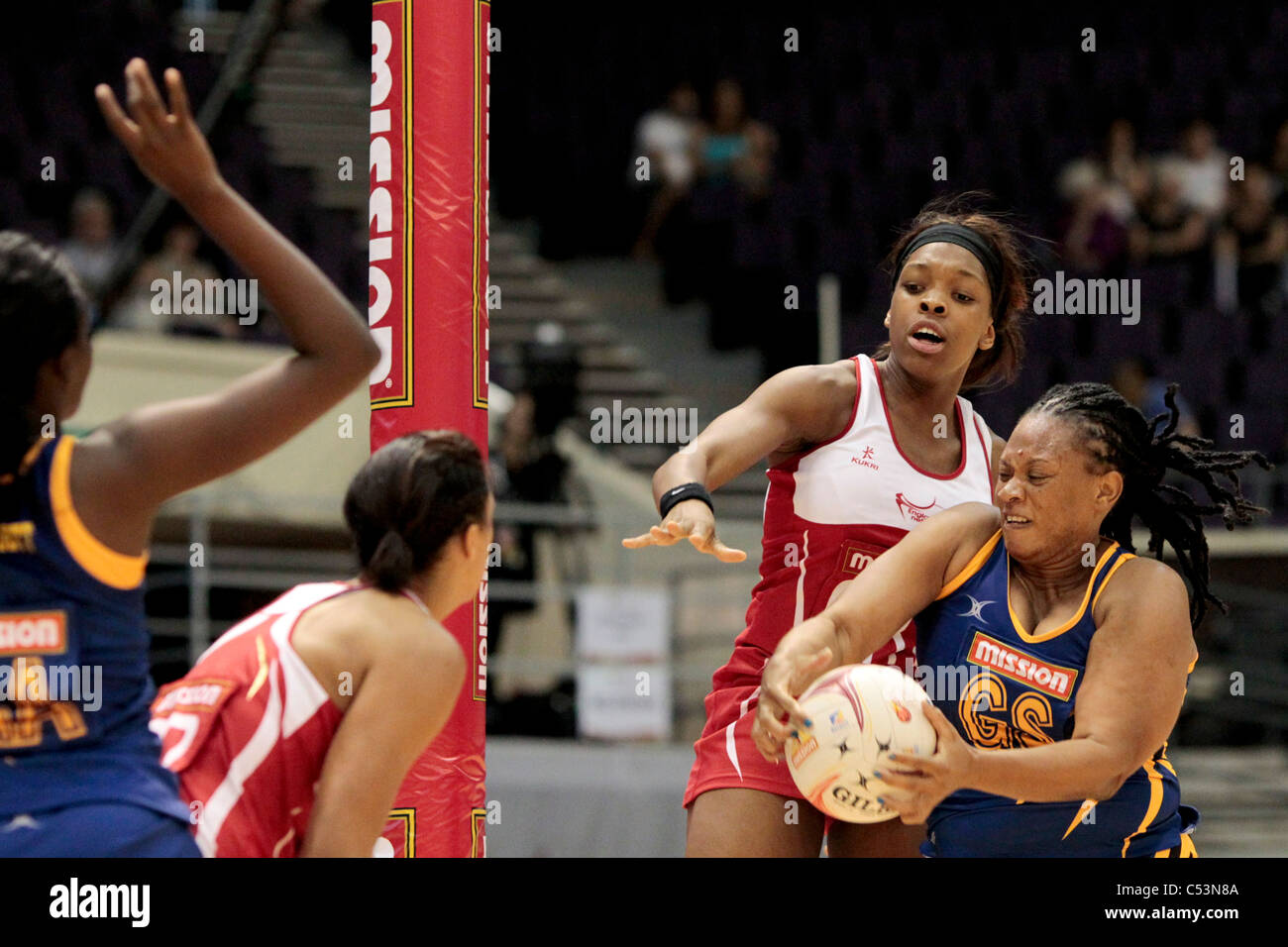 05.07.2011 Lydia Bishop of Barbados(right) grabs the rebound while ...