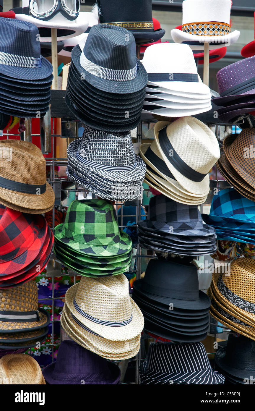 Market stall selling a variety of hats during the Winchester Hat Fair ...