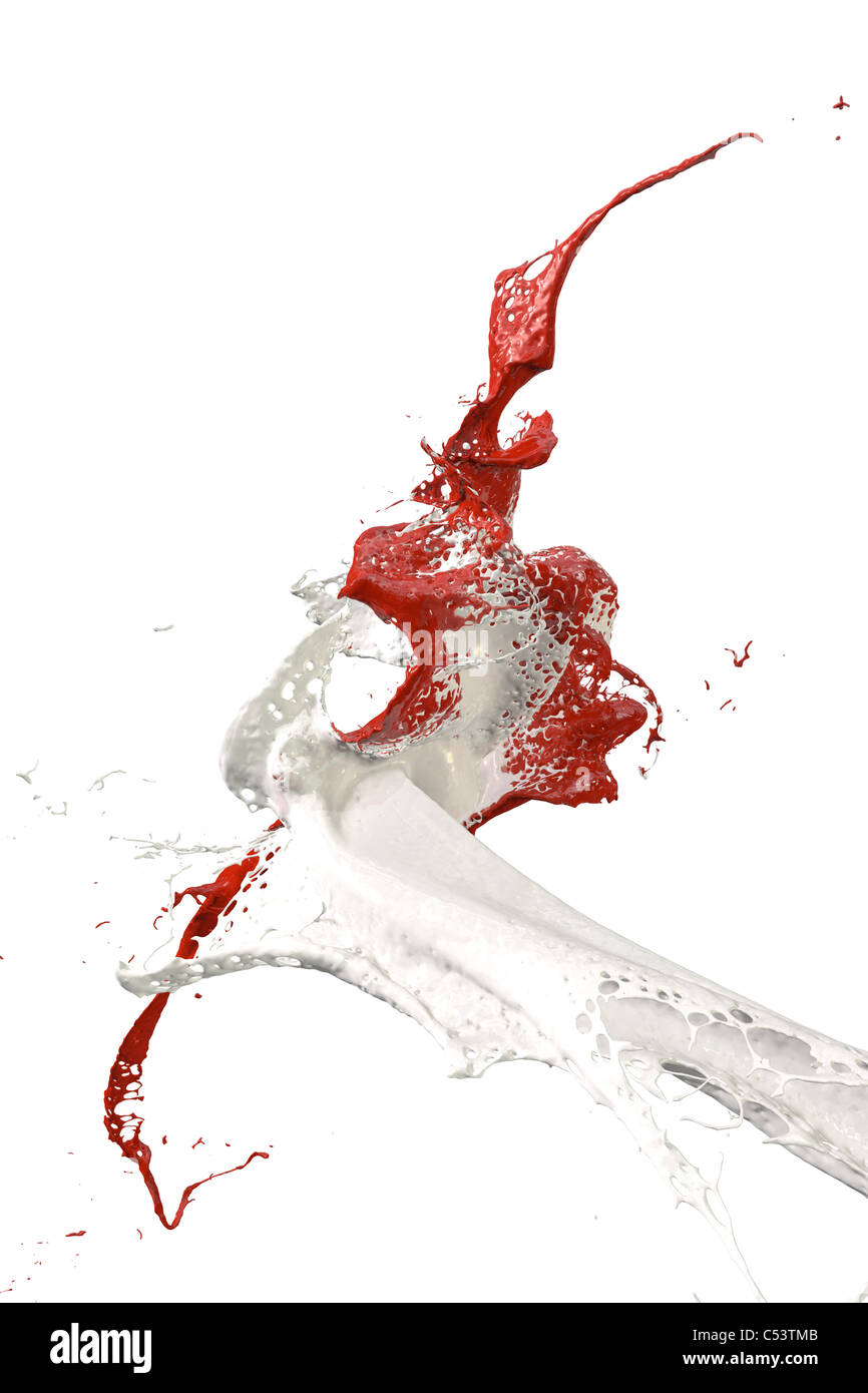 colliding white and red paint splashes, isolated on white background ...