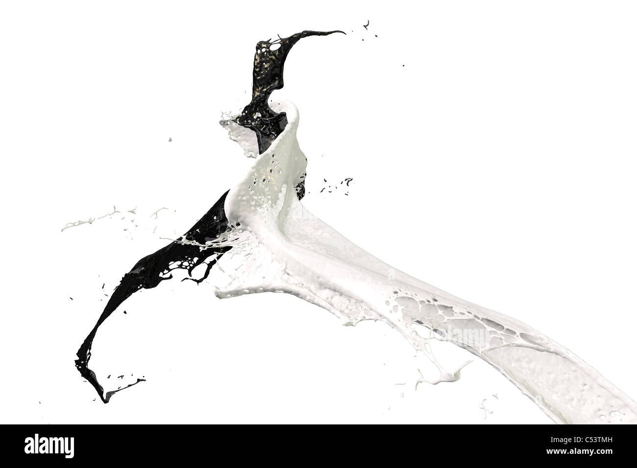 colliding black and white paint splashes, isolated on white background ...