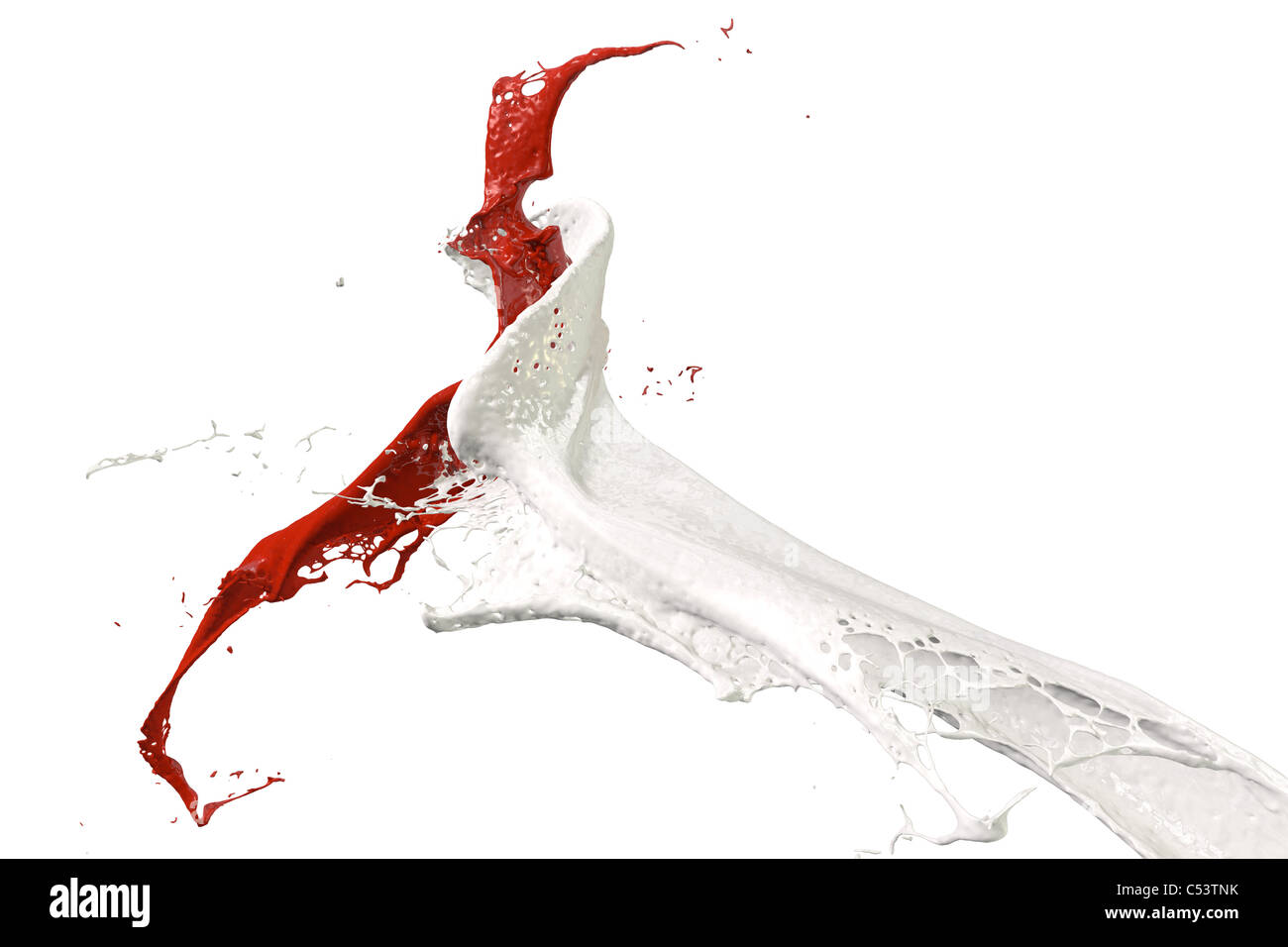 white and red paint splashes collide, isolated on white background ...