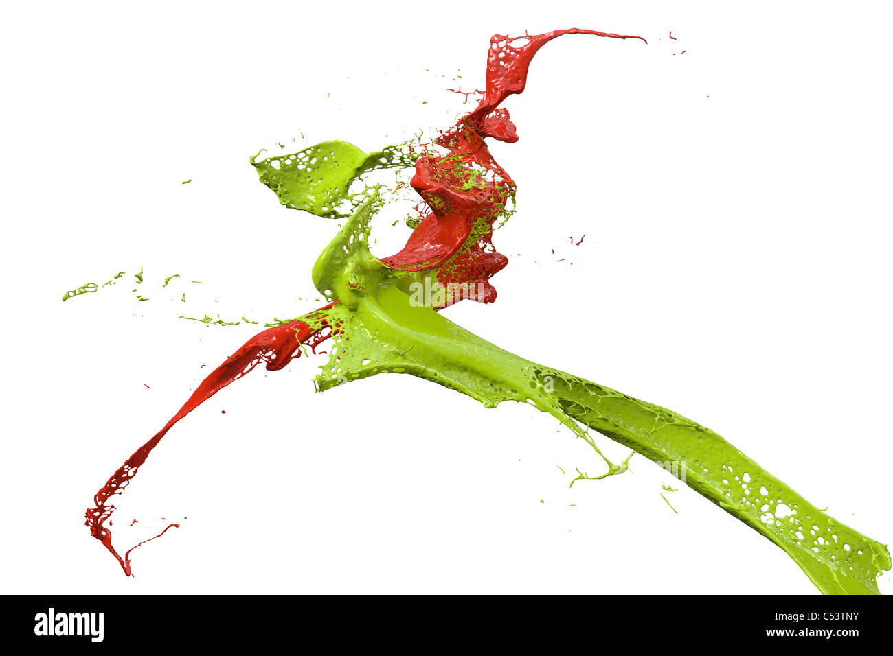 red and green paint splashes collide, isolated on white background ...