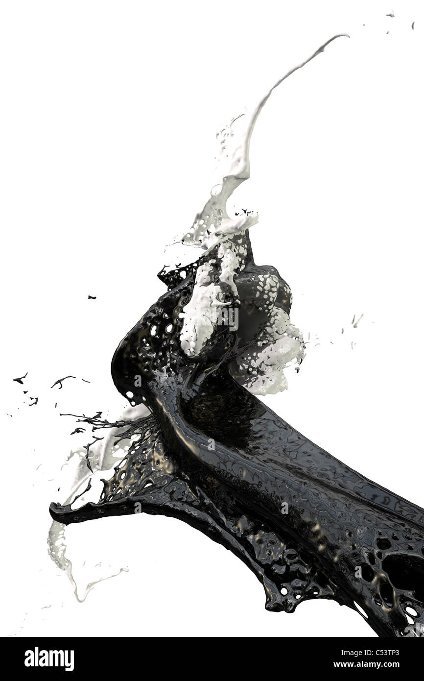 colliding black and white paint splashes, isolated on white background ...