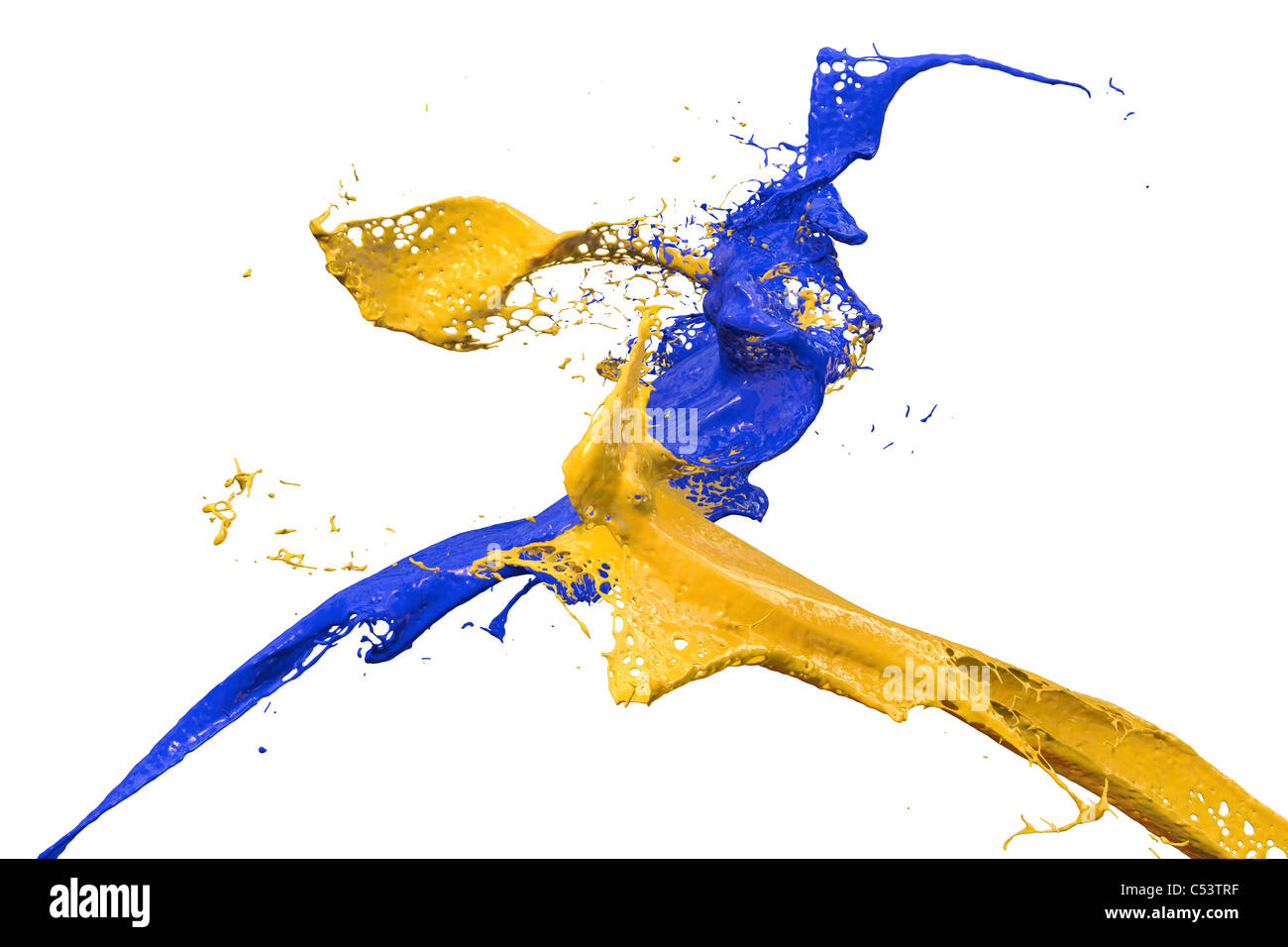 blue and yellow paint splashes collide, isolated on white background ...