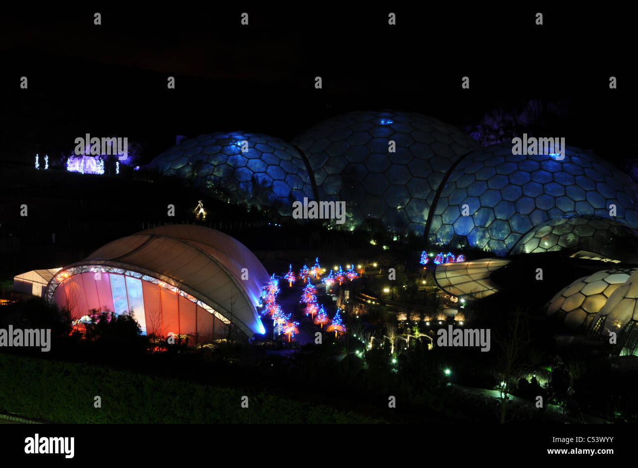 Eden project at night during the winter season, when biomes and ...