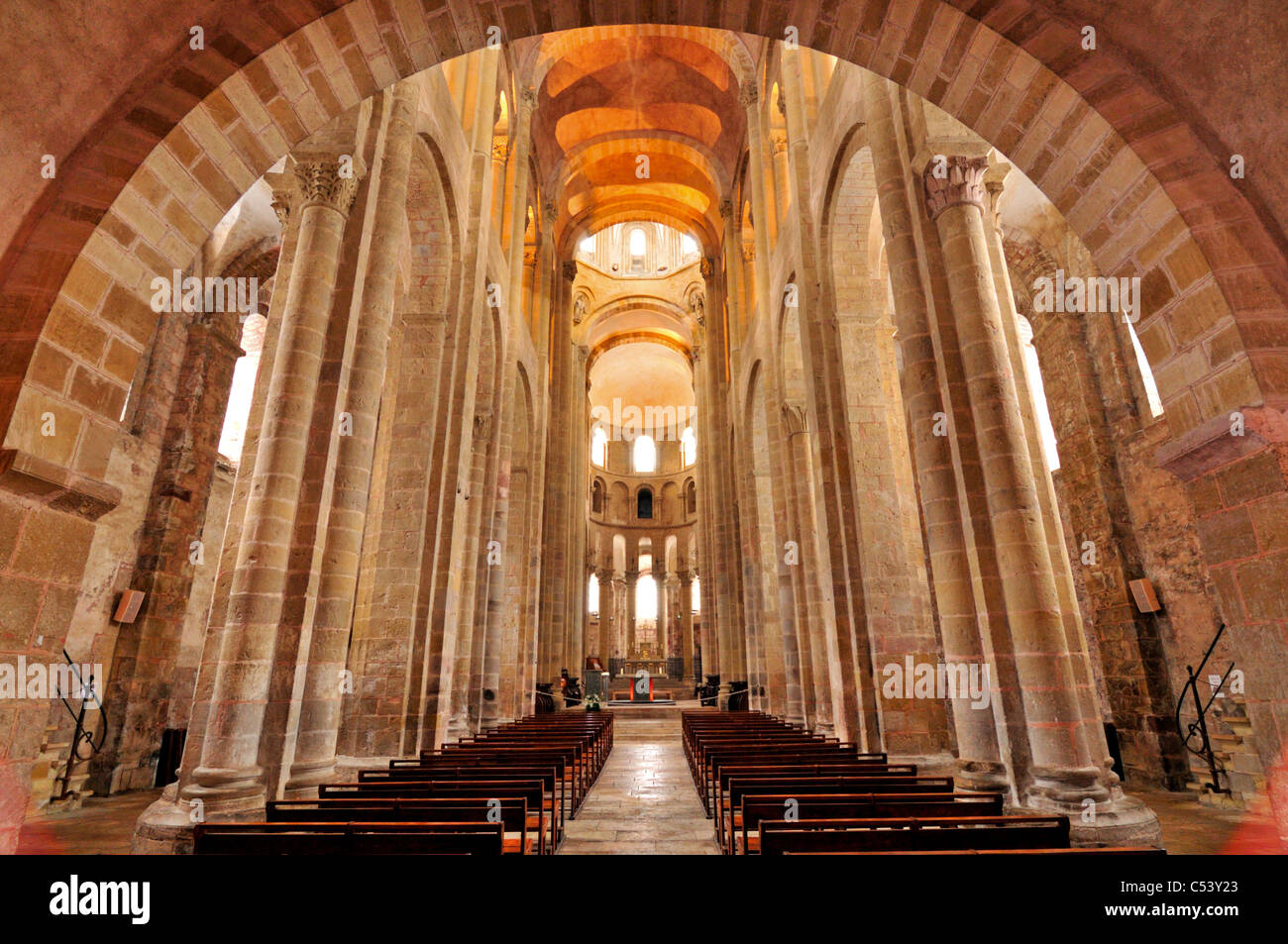 France, Aveyron: Interior of the Abbey St. Foy in Conques Stock Photo ...