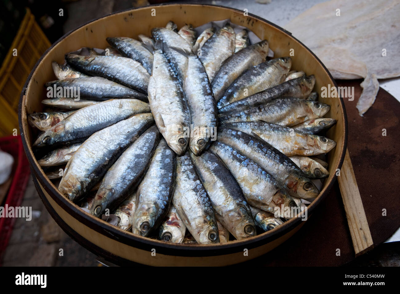 Sardines for sale on Sineu Market Stall in Mallorca, Spain Stock Photo ...