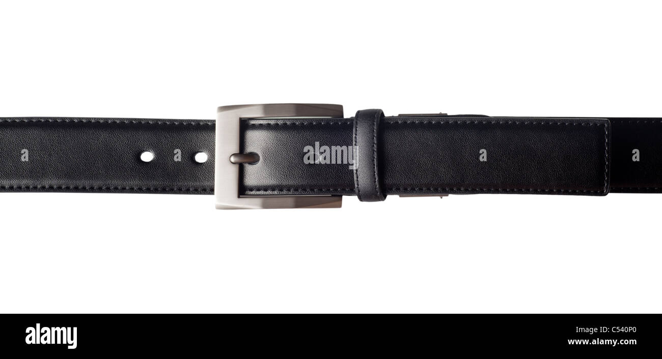 Black leather belt with a rectangular buckle isolated on white ...