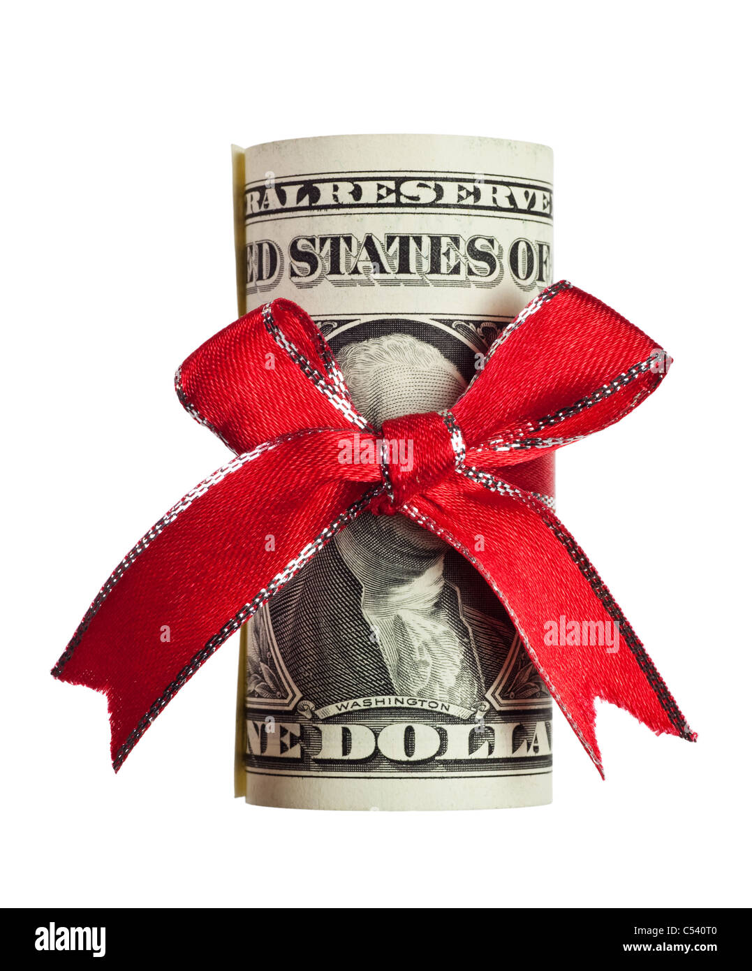 One US dollar wrapped by ribbon isolated on white background Stock ...