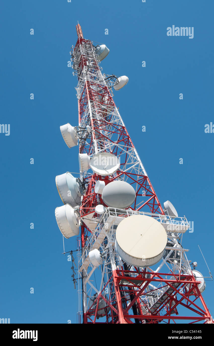 bottom view of a telecommunications tower with a clear blue sky Stock ...